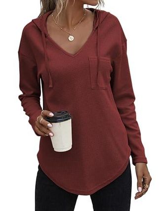 Zeagoo Pull Femme Hoodie D&eacute;contract&eacute; Ample Manches Longues Col en V Sweat &agrave; Capuche Haut Automne Bleu Marine Sweatshirt pour Femme avec Cordon Rouge M