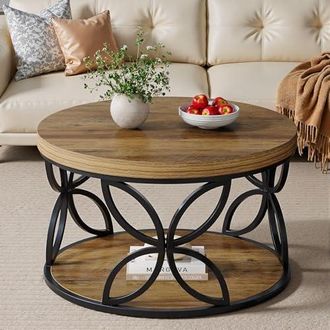 Tribesigns Table Basse Ronde de 80 cm avec Espace de Rangement, Table de Salon &agrave; 2 Niveaux pour Salon et Bureau, Grain de Bois Marron Rustique et Cadre en m&eacute;tal 