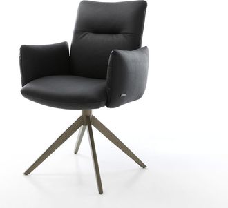 DELIFE Drehstuhl Jova-Flex mit Armlehnen Echt-Leder Schwarz Kreuzgestell breit Effektfinish Titan 360&deg; drehbar Wippfunktion Taschenfederkern, Esszimmerst&uuml;hle