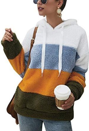 ORANDESIGNE Sweats &agrave; Capuche Femme Automne Tops &agrave; Manches Longues Hiver Laine Chaude Manteau Outwear Pull en Laine Polaire Casual Sweat Shirt Vert 40