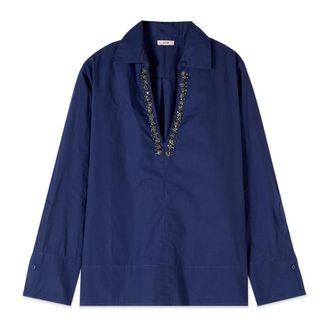 Oltre Baumwollbluse mit Kristallen - - Blouses & Shirts - Damen - Blau - S