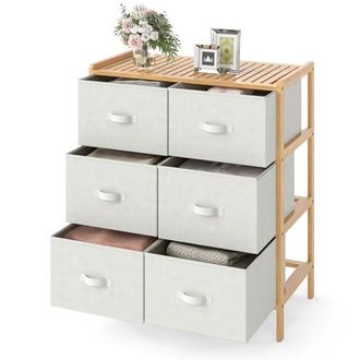 Giantex Commode &agrave; 6 tiroirs en tissu, structure en bambou, &eacute;tag&egrave;re &agrave; lattes sup&eacute;rieure, kits anti-retournement, meuble de rangement moderne pour chambre, entr