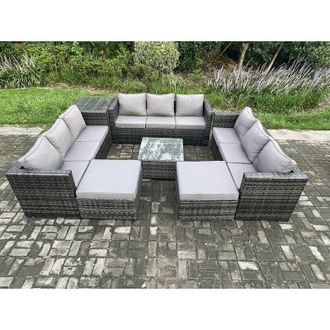 Fimous Rattan Gartenmöbel Set 11-Sitzer Patio Lounge Sofa Set mit Beistelltisch Quadratischer Couchtisch 2 Großer Fußhocker Dunkelgrau Gemischt - Fimous