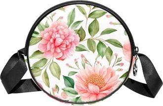 Generic Petit sac &agrave; bandouli&egrave;re circulaire pour femme, motif feuilles florales, sac &agrave; dos avec fermeture &eacute;clair, bretelles r&eacute;glables, sac &agrave; main rond d&eacute;contra