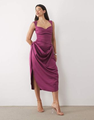 Asos robe mi-longue structur&eacute;e avec jupe drap&eacute;e en tissu style scuba couleur prune-VIOLET