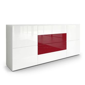 Vladon Sideboard Rova, Made in Germany, Kommode mit 4 T&uuml;ren und 4 Schubladen, Wei&szlig; matt/Wei&szlig; Hochglanz/Bordeaux Hochglanz (166 x 72 x 35 cm)