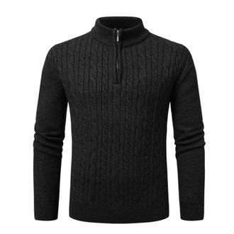 AlltheMen Herren Pullover mit 1/4 Rei&szlig;verschluss Sweater Gerippt Zopfstrickpullover Revers Strickpullover Schwarz L
