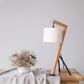 Paco Home Tischlampe Holz Nachttischlampe Schreibtischlampe Retro E27 Fassung Tischleuchte Wohnzimmer Vintage Stoff Lampenschirm Leselampe Modern