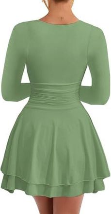 Generic Mini robe d&eacute;t&eacute; pour femme avec col carr&eacute; et ourlet &agrave; volants, taille fronc&eacute;e, manches longues, corset, robes de f&ecirc;te courtes, vert, M