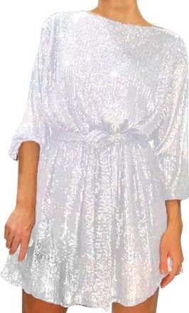 Generic Robe &agrave; paillettes &agrave; manches longues pour femme, blanc, XXL