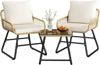 Yaheetech Yaheetech 3 Pi&egrave;ces Salon de Jardin Exterieur en Polyrotin, 2 Personnes Ensemble Mobilier avec 2 Fauteuils et 1 Table Basse Plateau en Verre Tremp&eacute;