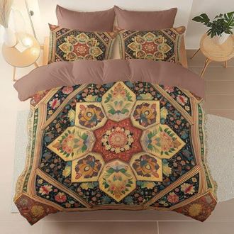 Generic Bohème Rétro Hexagone Fleurs Parures de lit imprimées, 1 Housse de Couette 140 x 200cm + 2 Taies dOreiller, Housse de Couette enBrun Clair Microfibre 