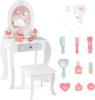 Costway Costway - 2 en 1 Coiffeuse Enfants avec Tabouret & Miroir Ovale Amovible, Table de Maquillage en Motif Couronne avec 10 Jouets dHabillage, Tiroir