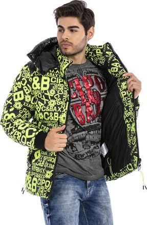Cipo & Baxx Herren Mantel CM193 Neongr&uuml;n - Stylische Winterjacke im modernen Design mit warmem Innenfutter, abnehmbarer Kapuze und funktionalen Details f&uuml;r kalte 