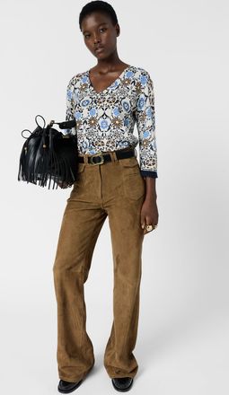 Gerard Darel Pull V imprim&eacute; en coton et lin - LIVA - Marron