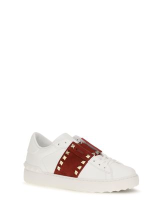 Valentino Garavani Womens Rockstud Untitled Sneakers With Suede Band Bianco-Russet Red-Bianco Bianco/russet Red/bianco