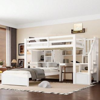 Generic Zwischengeschossbett 90x200 mit integriertem Schreibtisch, Treppenhaus, Stauraum und Regalen - Wei&szlig; (ohne Matratze)