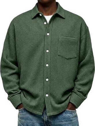 Generic Chemise boutonn&eacute;e &agrave; manches longues pour homme - Chemise gaufr&eacute;e &agrave; revers avec poche - Coupe d&eacute;contract&eacute;e - Chemisier daffaires urbain &eacute;l&eacute;gant - Haut 