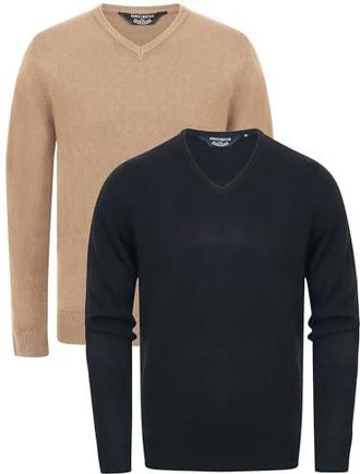 Kensington Eastside Marling (2 Pack) Soft Cashmillon Knitted V Neck Jumpers in Dark Navy/Taupe - Kensington Eastside - M