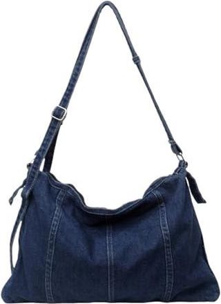 Generic Sac à bandoulière solide en denim avec fermeture éclair - Grande capacité - Pour femme - Style basique, bleu foncé, Taille unique