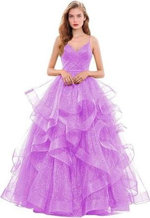 Generic Robe de bal en tulle pailleté avec col en V et bretelles spaghetti, robe de demoiselle dhonneur, robe de soirée formelle longue à étages, violet clair