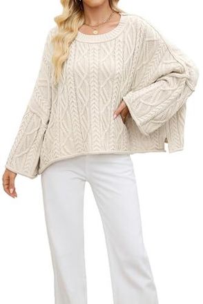 Generic Pull court surdimensionn&eacute; &agrave; col ras du cou en tricot torsad&eacute; avec longues manches &eacute;vas&eacute;es pour lautomne et lhiver - Pull d&eacute;contract&eacute; et doux pour femm