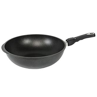 AMT Gastroguss Poêle wok Ø 32 cm, hauteur 10 cm, manche amovible, fonte daluminium (aluminium), revêtement anti-adhésif Lotan, compatible induction AMZN-I-1032S-Z20B