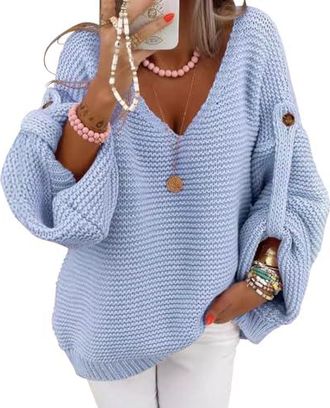 Onsoyours Pull Femme Chic Chaud Couleur Unie Ample Mode Pullover Col Rond/Col V Hauts Manche Longue Pull Femme Hiver Pull Tricoté Chaud Leger Chic Et Elegant A 