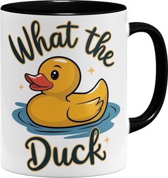 OM3 witzige Kaffee-Tasse mit Spruch - What the Duck - gelbe Ente - Keramik Becher - 325ml - Beidseitig Bedruckt - Schwarz