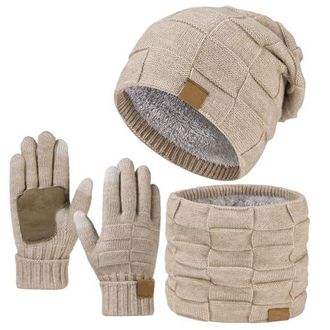 Generic Ardenknit Ensemble dhiver 3 pi&egrave;ces coupe-vent avec bonnet, &eacute;charpe et gants, doublure en polaire chaude pour temps froid, ecru, taille unique