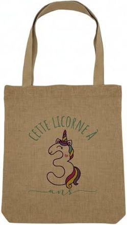 Fabulous Sac Shopping Tote Bag Aspect Lin - Cette Licorne &Agrave; 3 Ans Anniversaire Celebration Enfant Cadeau - Sac de Courses Toile Epaisse 360g Beige Naturel Caba