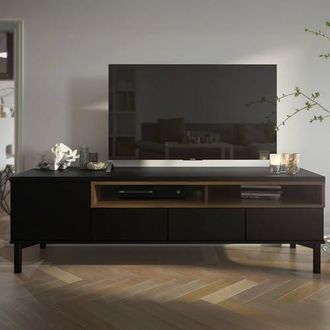 Dmora Fernsehschrank Margaux, St&auml;nder f&uuml;r Wohnzimmerfernseher, Niedriges Wohnzimmer-Sideboard, TV-St&auml;nderbasis, 156x48 h48 cm, Schwarz und Walnuss