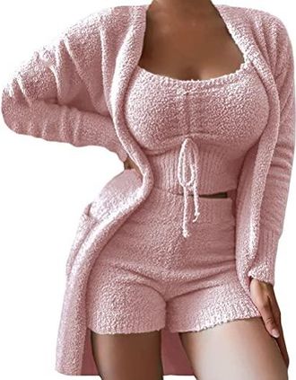 TOMWELL Surv&ecirc;tement Femmes Casual 3 Pi&egrave;ces Ensembles Sportswear &Agrave; Veste Cardigan Manches Longues Top + ShortSports pour Automne et Hiver Rose XS