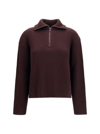 Courr&egrave;ges Womens Ribbed Zip Sweater Burnt Red Merino Wool