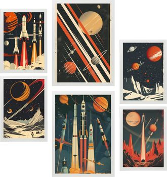 Nacnic Set mit 6 Dekorative Malerei Raumschiff, Rakete, Planeten Vintage-Rot- und Blautöne Gerahmtes Poster mit Design-Illustrationen zur Dekoration der Wänd