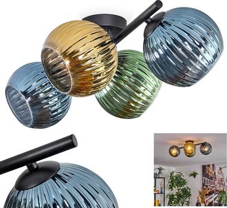 HOFSTEIN Deckenleuchte Koyoto, 4-flammige Deckenlampe aus Metall/Riffelglas in Schwarz/Grün/Blau/Gold, Leuchte im Retro/Vintage-Design (Schirme Ø 15cm), E14, E