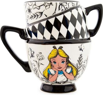 Silver Buffalo Disney Alice in Wonderland Monochrome gestapelte Teetassen, geformte Keramiktasse, BPA-frei, große Kaffeetasse für Espresso, Kakao, Tee