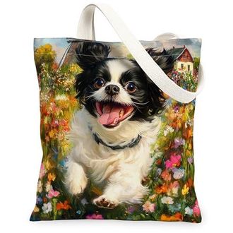 Generic Sac fourre-tout en toile motif chien japonais pour faire du shopping, 33 x 38,1 cm, sac d&eacute;picerie r&eacute;utilisable pour femme, motif floral amusant, plage