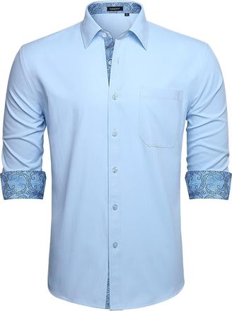Hisdern Herren Hellblau Hemd Langarm Regular Fit Klassisch Hemden Formelle Businesshemden Freizeithemd mit Taschen 2XL