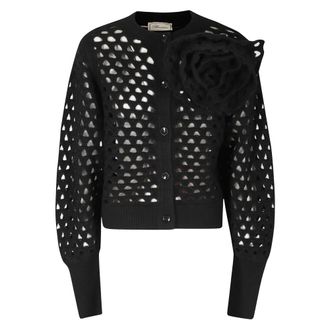 Blumarine Offener Wollcardigan mit 3D-Rose - - Knitwear - Damen - Schwarzk - S