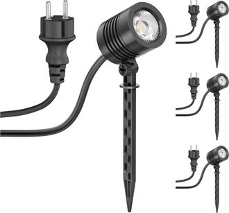 LEDs Com 4 Stück Kleiner LED Gartenstrahler mit Erdspieß TARL für außen, IP65, Stecker, schwarz, 4,3 W, 340lm, warmweiß