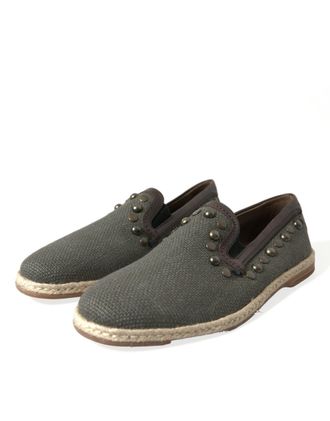 Dolce & Gabbana Mens Gray Linen Leather Studded Loafers Shoes