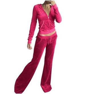 Generic Y2K Surv&ecirc;tement en velours &agrave; manches longues et fermeture &eacute;clair pour femme - Veste courte et pantalon de yoga taille basse - Jambe large, rose vif, X