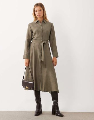Mango robe chemise midi &agrave; taille nou&eacute;e &agrave; rayures vertes