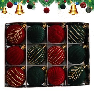 Generic Weihnachtskugeln Aus Samt - Weihnachtskugeln Aus Samt, Christbaumkugeln | 12 X Bruchsichere Weihnachtsdekoration, Ornamente, Rot-grüner Samt-Weihnacht