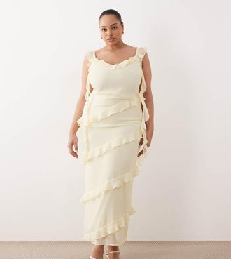 Pretty Lavish Curve Rue - Maxikleid aus Chiffon in Zitronengelb mit R&uuml;schen und Drapierung