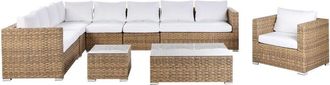 Beliani Gartenm&ouml;bel Set Hellbraun Rattan u. Aluminium Modular mit 2 Couchtischen Mehrere Kissen Cremewei&szlig; 8-Sitzer Lounge Set Terrasse Outdoor Modern