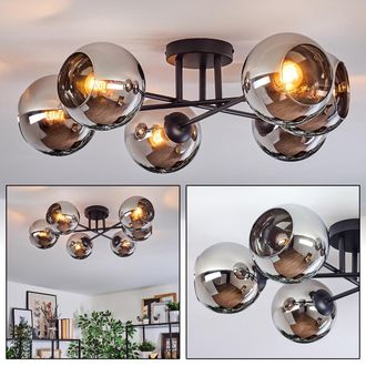 HOFSTEIN Deckenleuchte Koyoto, 6-flammige Deckenlampe aus Metall/Glas in Schwarz/Chrom/Rauch, moderne Leuchte im Retro/Vintage-Design (Schirme 15 cm), E14, Ess