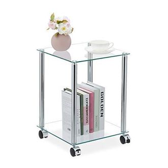 Relaxdays Table dappoint avec roulettes, 2 Supports, carrée, Salon, Verre ER Acier, Table Basse, Transparente/argentée