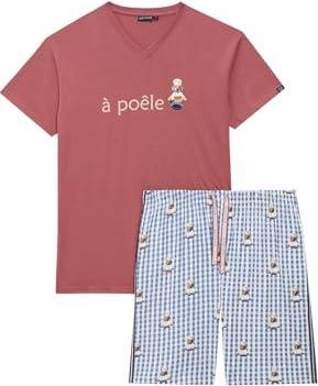 Arthur Pyjama Court Homme, Ensemble Manches Courtes et Short - 100% Coton Bio léger, Doux et Confortable - Motif Chef Cuisinier Carreaux Marron - Taille L